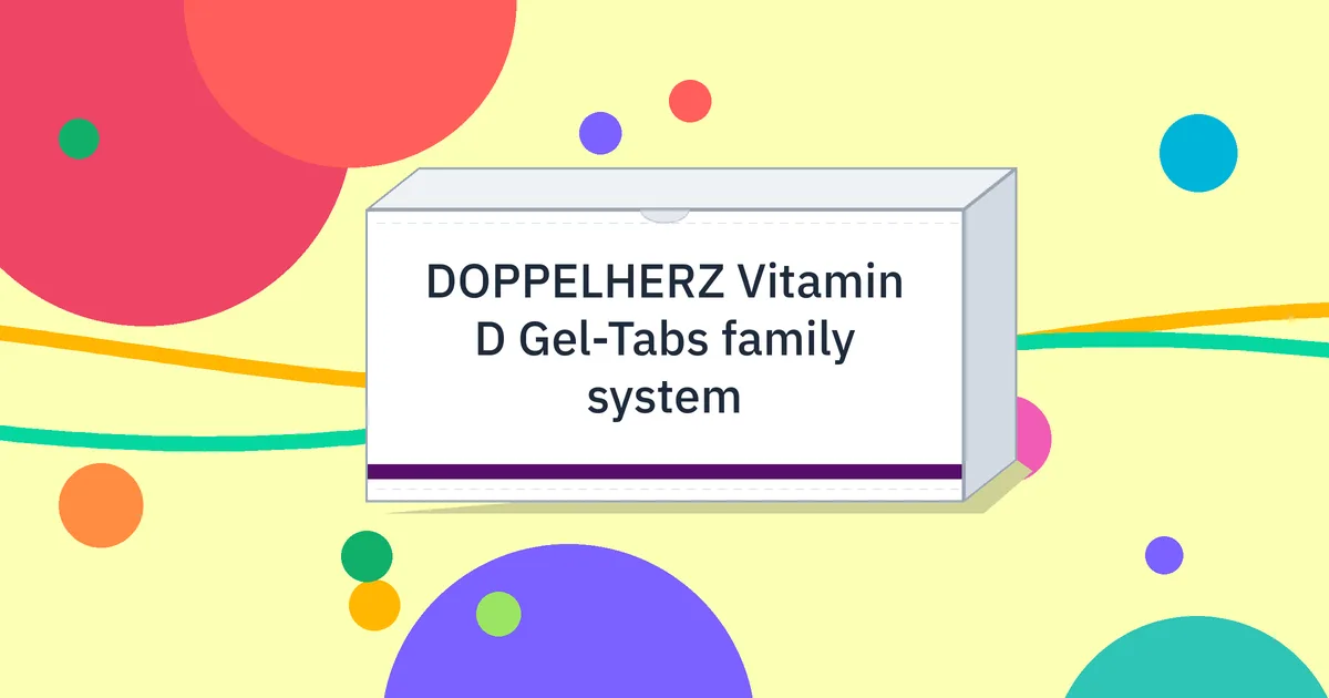 Symbolbild: Packung mit der Aufschrift DOPPELHERZ Vitamin D Gel-Tabs family system (PZN 16661643) – Verfügbarkeit und Bezug in Apotheken in Frankfurt am Main