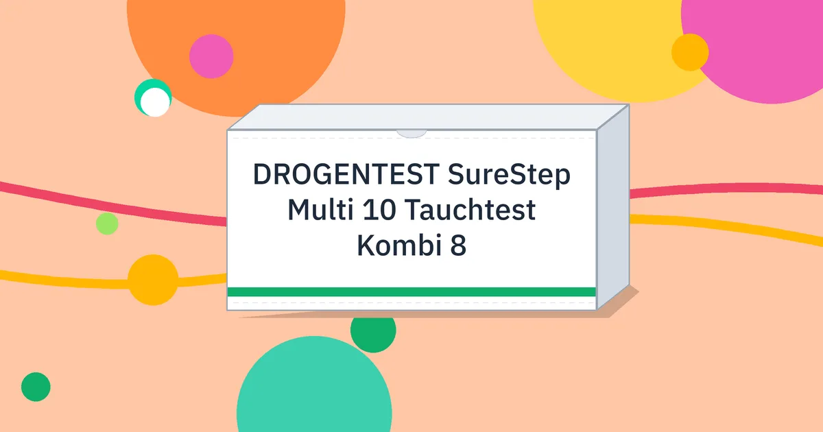 Symbolbild: Packung mit der Aufschrift DROGENTEST SureStep Multi 10 Tauchtest Kombi 8 (PZN 16573784) – Verfügbarkeit und Bezug in Apotheken in Frankfurt am Main