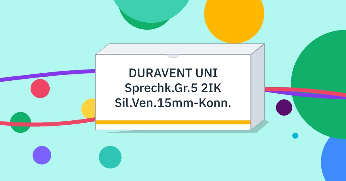Symbolbild: Packung mit der Aufschrift DURAVENT UNI Sprechk.Gr.5 2IK Sil.Ven.15mm-Konn. (PZN 02082025) – Verfügbarkeit und Bezug in Apotheken in Frankfurt am Main