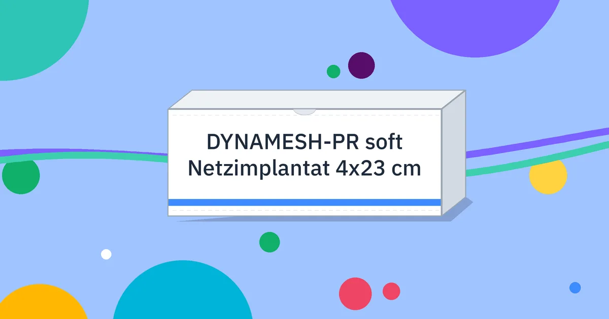Symbolbild: Packung mit der Aufschrift DYNAMESH-PR soft Netzimplantat 4x23 cm (PZN 11154930) – Verfügbarkeit und Bezug in Apotheken in Frankfurt am Main