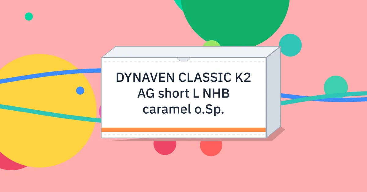 Symbolbild: Packung mit der Aufschrift DYNAVEN CLASSIC K2 AG short L NHB caramel o.Sp. (PZN 18418444) – Verfügbarkeit und Bezug in Apotheken in Frankfurt am Main