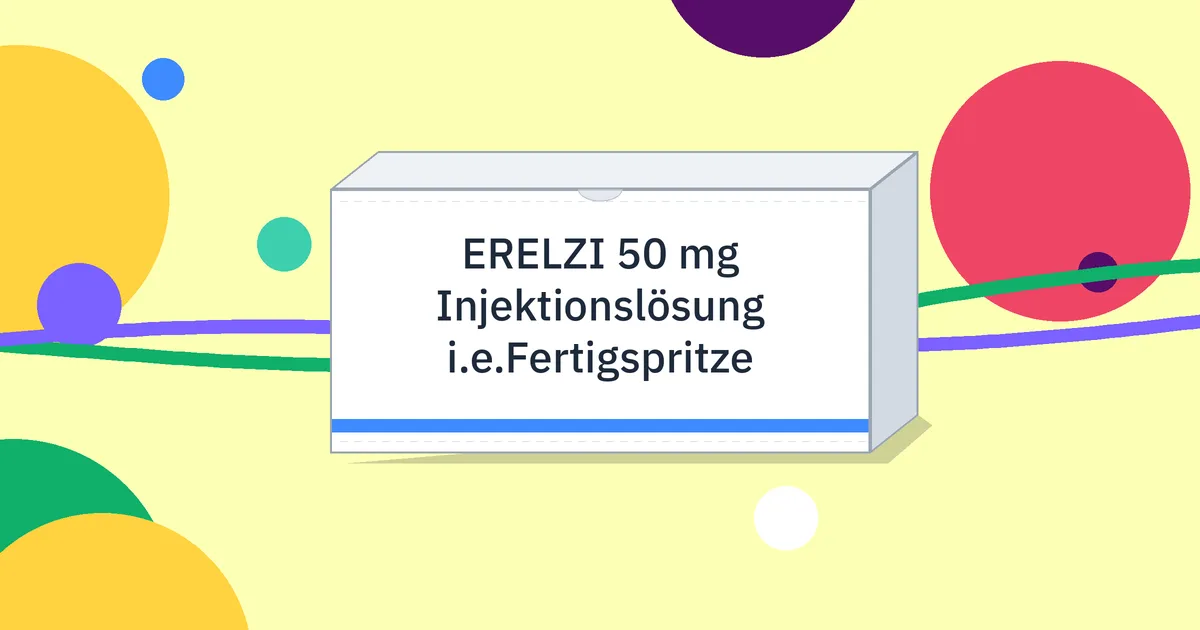 Symbolbild: Packung mit der Aufschrift ERELZI 50 mg Injektionslösung i.e.Fertigspritze (PZN 15200182) – Verfügbarkeit und Bezug in Apotheken in Frankfurt am Main
