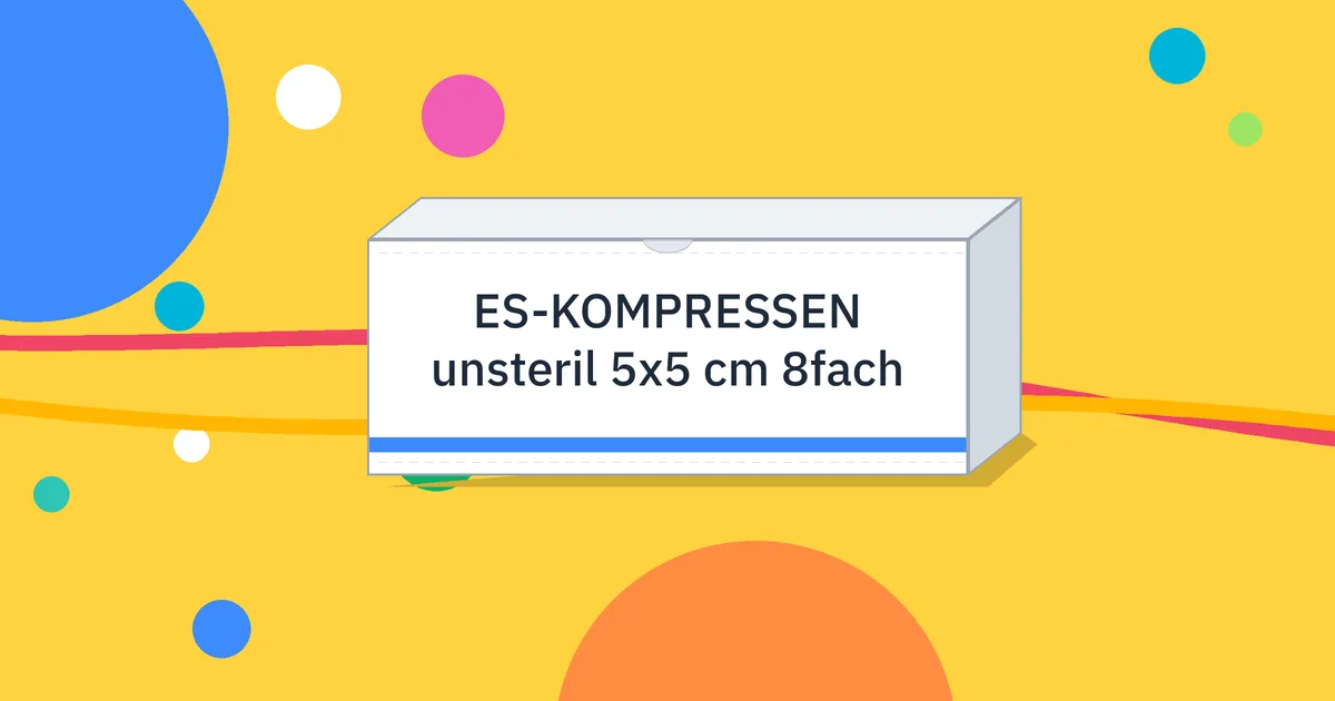 Symbolbild: Packung mit der Aufschrift ES-KOMPRESSEN unsteril 5x5 cm 8fach (PZN 00458348) – Verfügbarkeit und Bezug in Apotheken in Frankfurt am Main