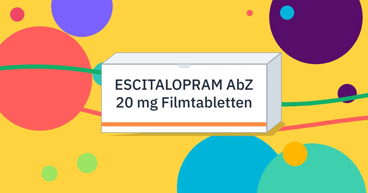 Symbolbild: Packung mit der Aufschrift ESCITALOPRAM AbZ 20 mg Filmtabletten (PZN 10099181) – Verfügbarkeit und Bezug in Apotheken in Frankfurt am Main