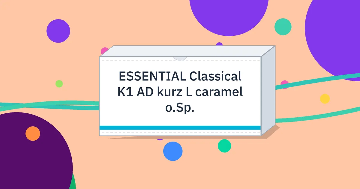 Symbolbild: Packung mit der Aufschrift ESSENTIAL Classical K1 AD kurz L caramel o.Sp. (PZN 17009086) – Verfügbarkeit und Bezug in Apotheken in Frankfurt am Main