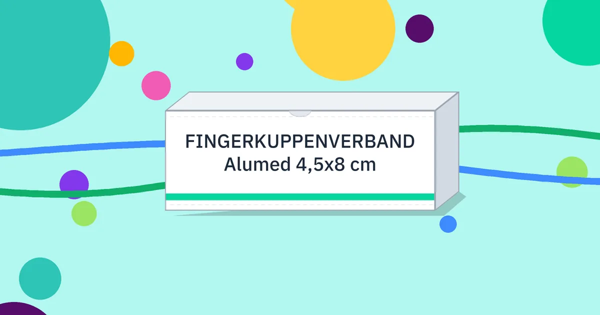 Symbolbild: Packung mit der Aufschrift FINGERKUPPENVERBAND Alumed 4,5x8 cm (PZN 01072740) – Verfügbarkeit und Bezug in Apotheken in Frankfurt am Main