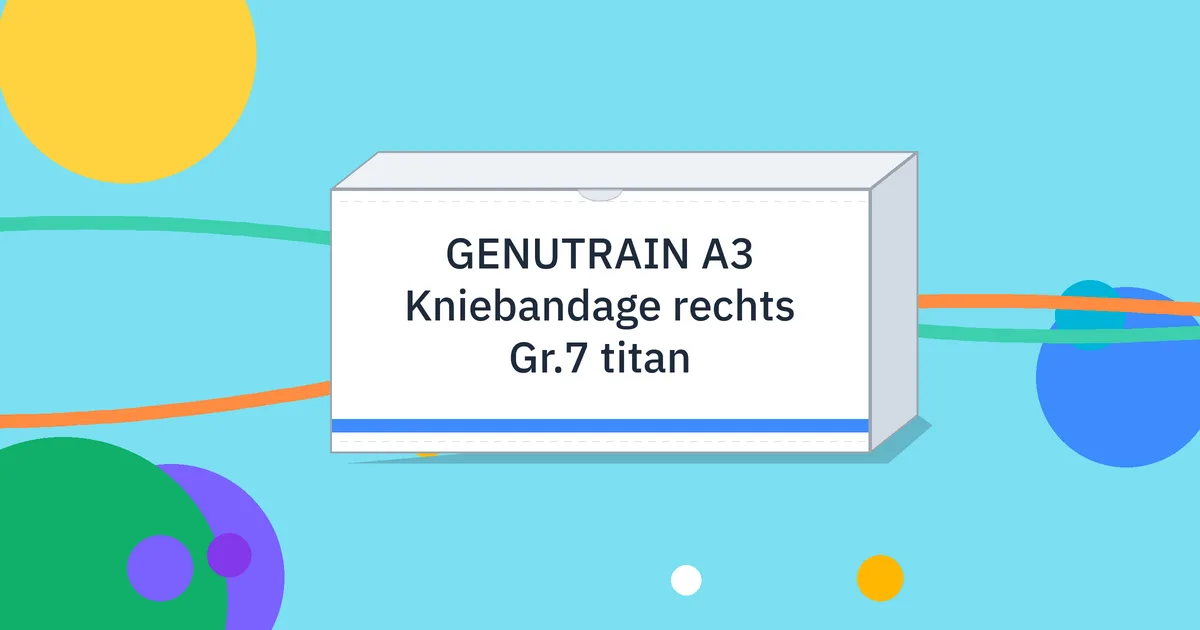 Symbolbild: Packung mit der Aufschrift GENUTRAIN A3 Kniebandage rechts Gr.7 titan (PZN 19100164) – Verfügbarkeit und Bezug in Apotheken in Frankfurt am Main