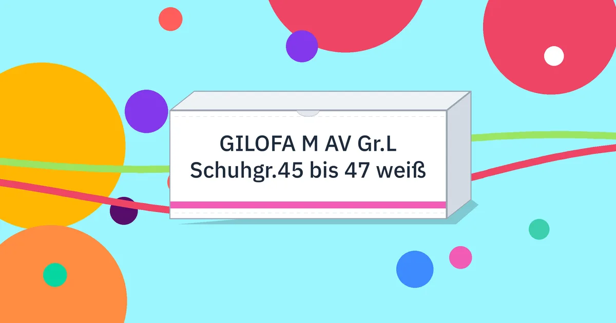 Symbolbild: Packung mit der Aufschrift GILOFA M AV Gr.L Schuhgr.45 bis 47 weiß (PZN 16726503) – Verfügbarkeit und Bezug in Apotheken in Frankfurt am Main