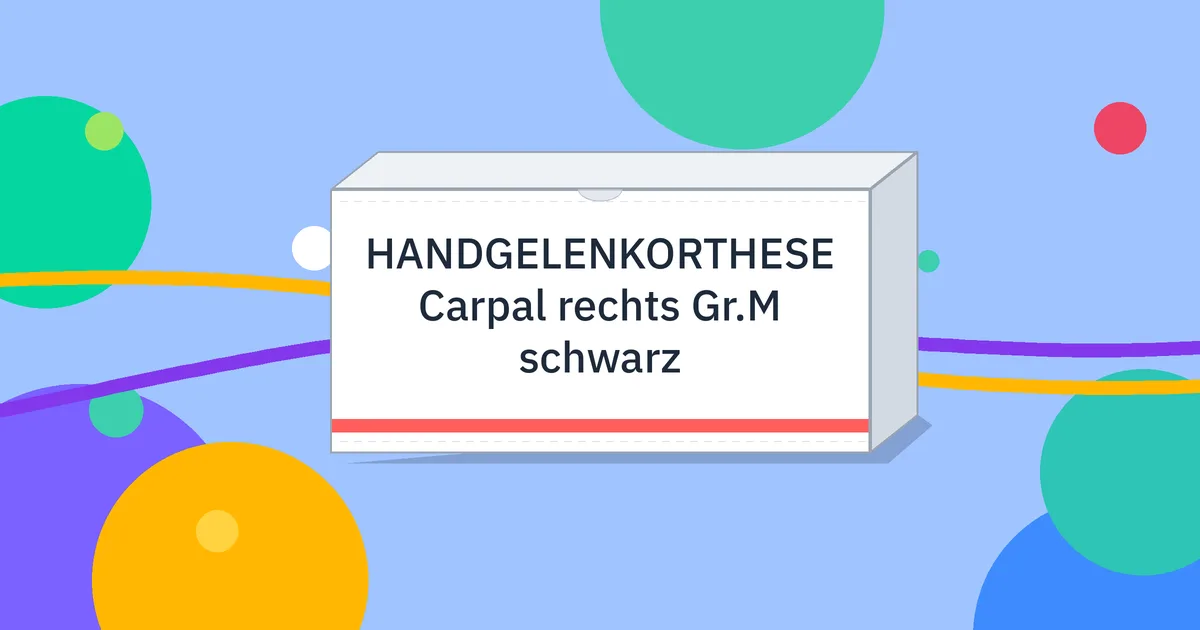 Symbolbild: Packung mit der Aufschrift HANDGELENKORTHESE Carpal rechts Gr.M schwarz (PZN 13826919) – Verfügbarkeit und Bezug in Apotheken in Frankfurt am Main
