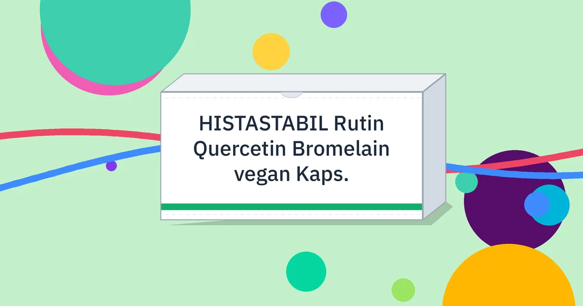 Symbolbild: Packung mit der Aufschrift HISTASTABIL Rutin Quercetin Bromelain vegan Kaps. (PZN 18886145) – Verfügbarkeit und Bezug in Apotheken in Frankfurt am Main