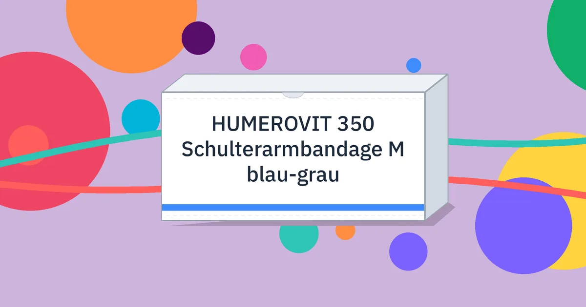 Symbolbild: Packung mit der Aufschrift HUMEROVIT 350 Schulterarmbandage M blau-grau (PZN 03879406) – Verfügbarkeit und Bezug in Apotheken in Frankfurt am Main