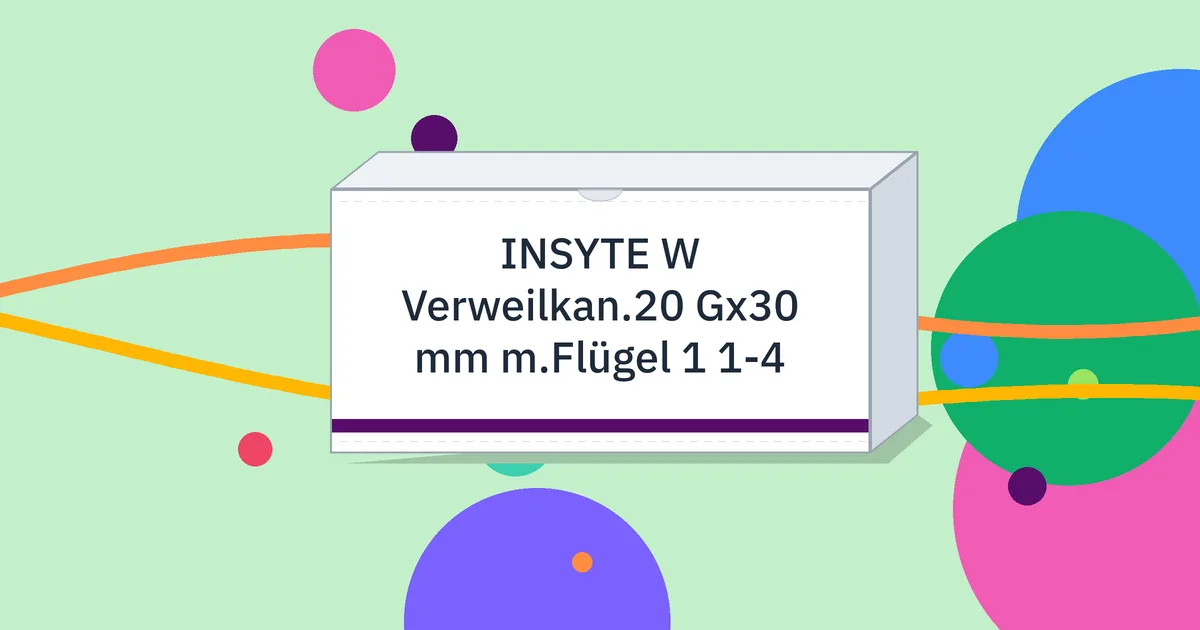 Symbolbild: Packung mit der Aufschrift INSYTE W Verweilkan.20 Gx30 mm m.Flügel 1 1-4 (PZN 13871280) – Verfügbarkeit und Bezug in Apotheken in Frankfurt am Main