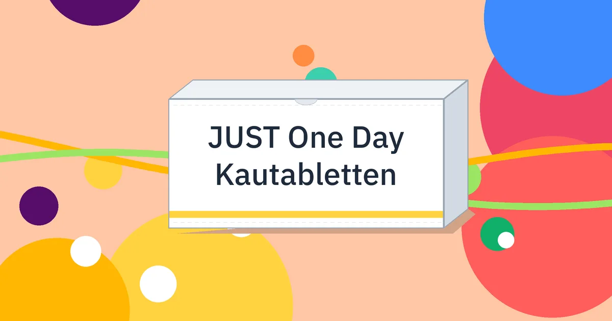 Symbolbild: Packung mit der Aufschrift JUST One Day Kautabletten (PZN 19469834) – Verfügbarkeit und Bezug in Apotheken in Frankfurt am Main
