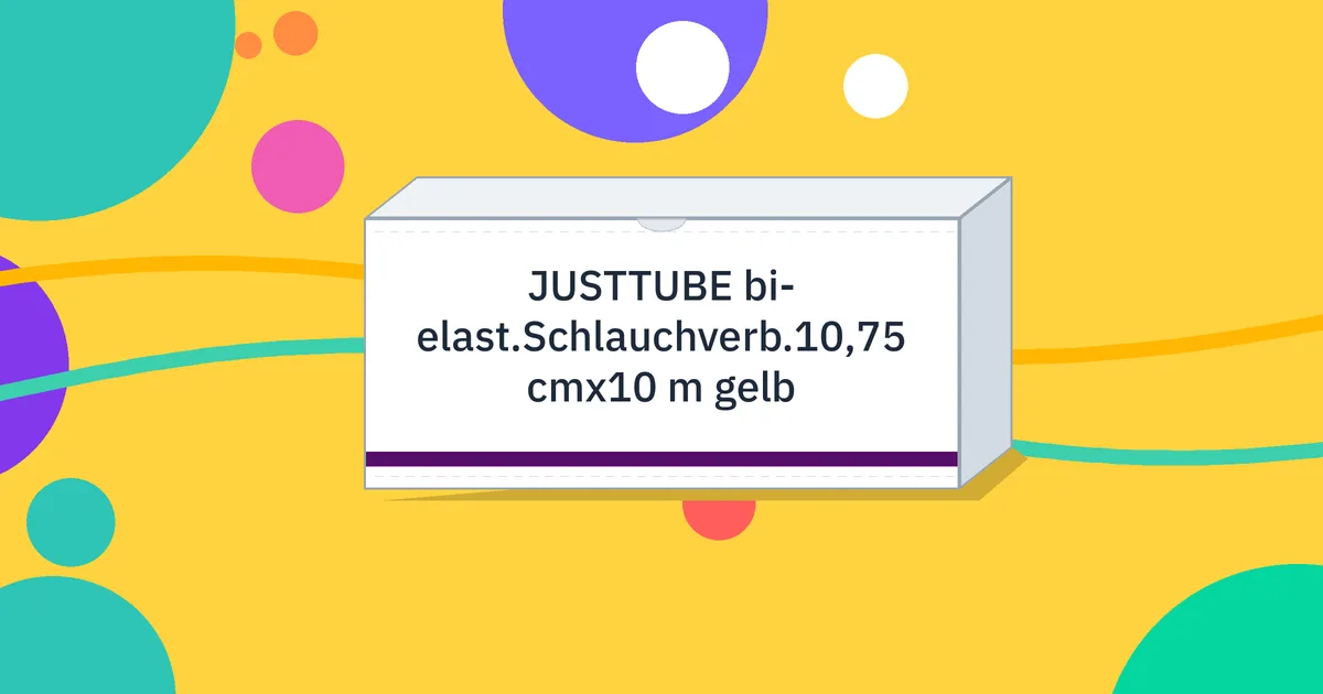 Symbolbild: Packung mit der Aufschrift JUSTTUBE bi-elast.Schlauchverb.10,75 cmx10 m gelb (PZN 20130348) – Verfügbarkeit und Bezug in Apotheken in Frankfurt am Main