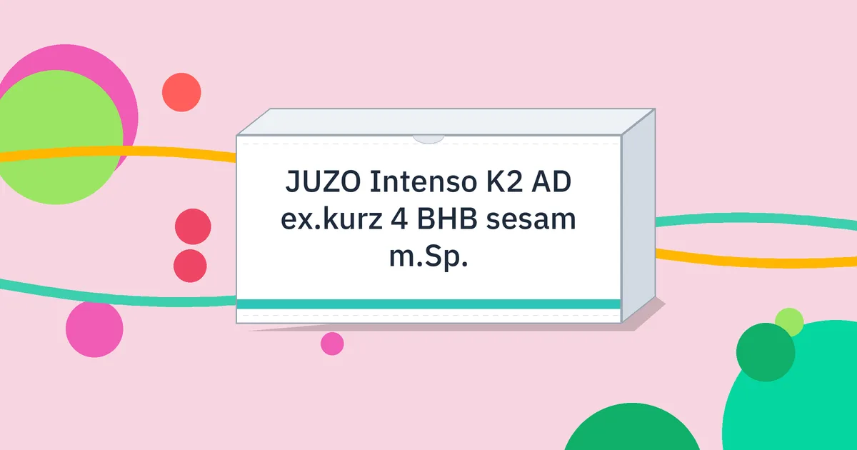 Symbolbild: Packung mit der Aufschrift JUZO Intenso K2 AD ex.kurz 4 BHB sesam m.Sp. (PZN 18615110) – Verfügbarkeit und Bezug in Apotheken in Frankfurt am Main