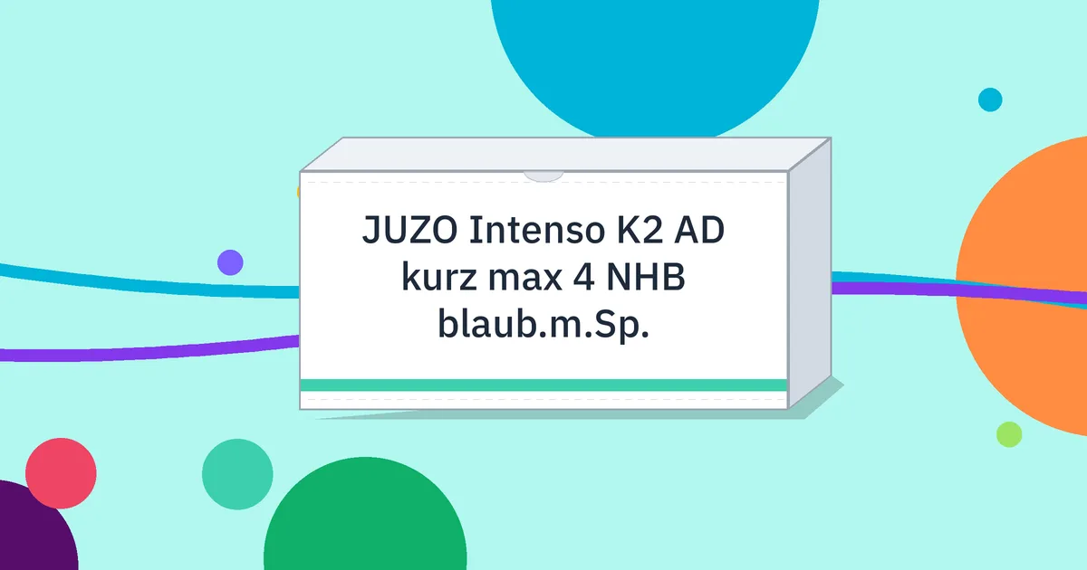 Symbolbild: Packung mit der Aufschrift JUZO Intenso K2 AD kurz max 4 NHB blaub.m.Sp. (PZN 18612235) – Verfügbarkeit und Bezug in Apotheken in Frankfurt am Main