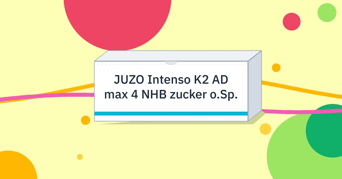 Symbolbild: Packung mit der Aufschrift JUZO Intenso K2 AD max 4 NHB zucker o.Sp. (PZN 18623049) – Verfügbarkeit und Bezug in Apotheken in Frankfurt am Main