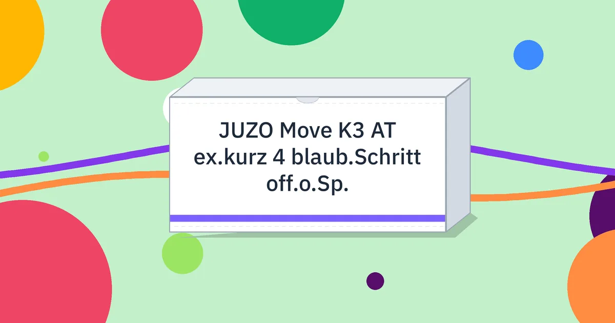 Symbolbild: Packung mit der Aufschrift JUZO Move K3 AT ex.kurz 4 blaub.Schritt off.o.Sp. (PZN 20682154) – Verfügbarkeit und Bezug in Apotheken in Frankfurt am Main