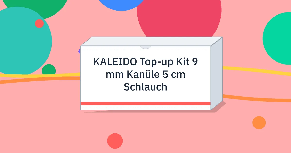 Symbolbild: Packung mit der Aufschrift KALEIDO Top-up Kit 9 mm Kanüle 5 cm Schlauch (PZN 20916356) – Verfügbarkeit und Bezug in Apotheken in Frankfurt am Main