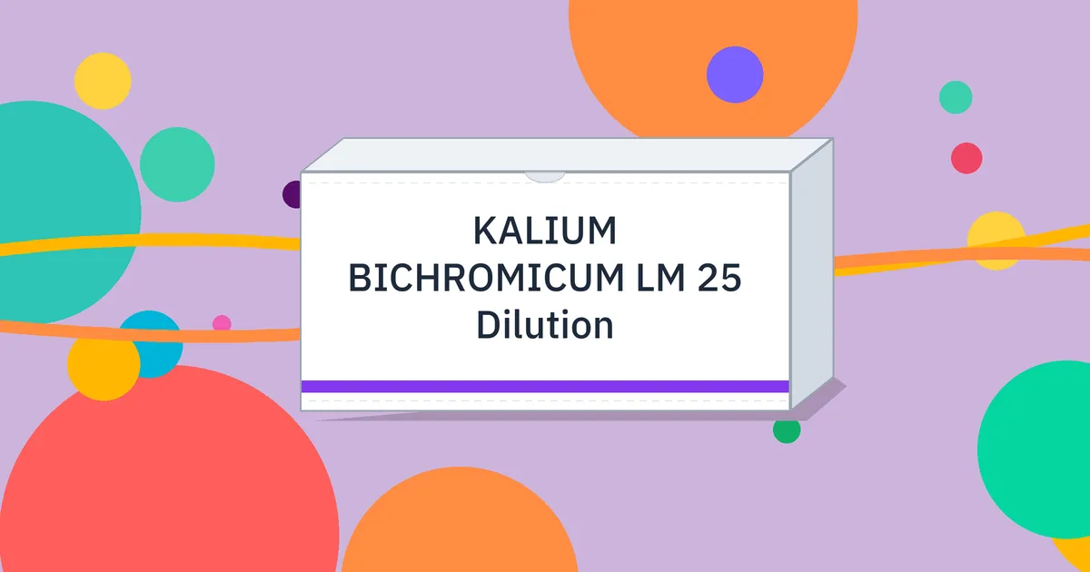 Symbolbild: Packung mit der Aufschrift KALIUM BICHROMICUM LM 25 Dilution (PZN 12917608) – Verfügbarkeit und Bezug in Apotheken in Frankfurt am Main