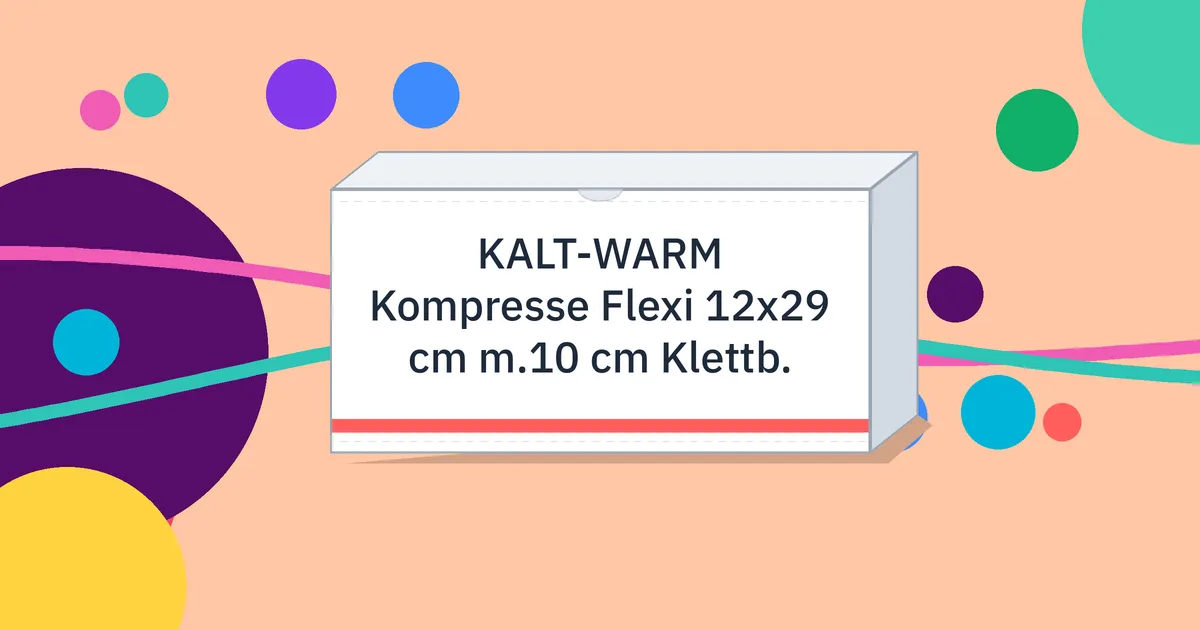 Symbolbild: Packung mit der Aufschrift KALT-WARM Kompresse Flexi 12x29 cm m.10 cm Klettb. (PZN 07105305) – Verfügbarkeit und Bezug in Apotheken in Frankfurt am Main