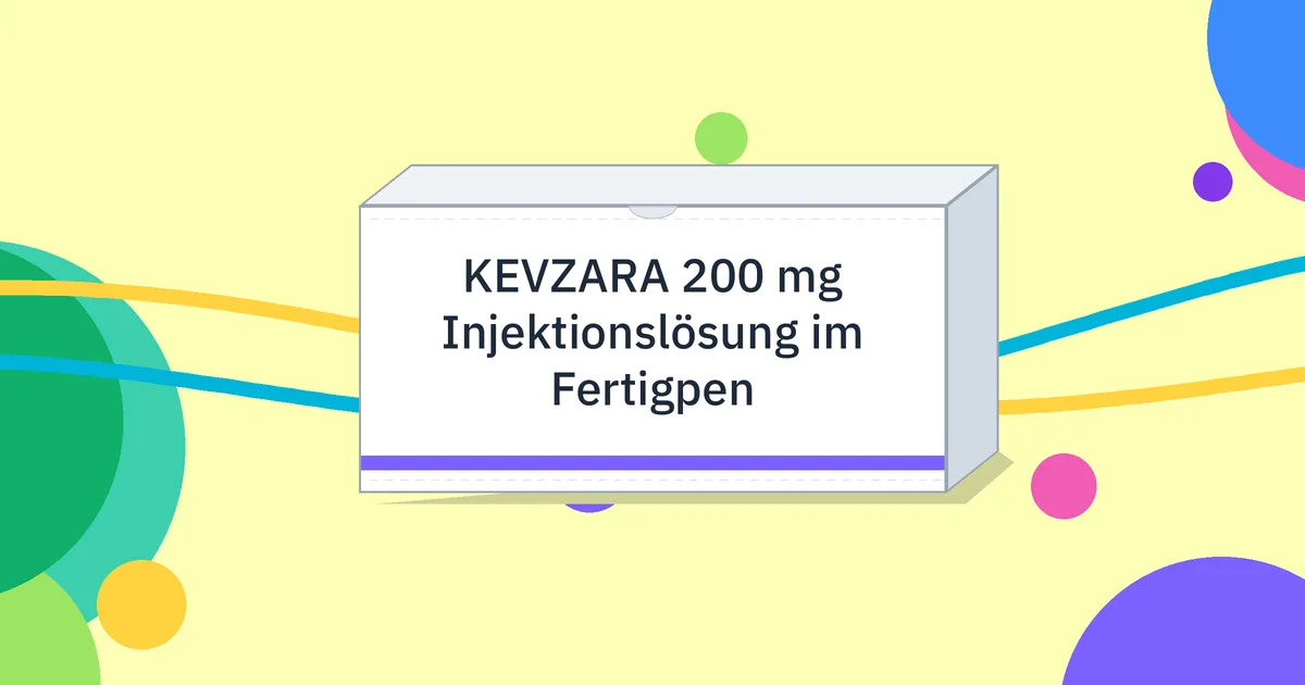 Symbolbild: Packung mit der Aufschrift KEVZARA 200 mg Injektionslösung im Fertigpen (PZN 16703815) – Verfügbarkeit und Bezug in Apotheken in Frankfurt am Main