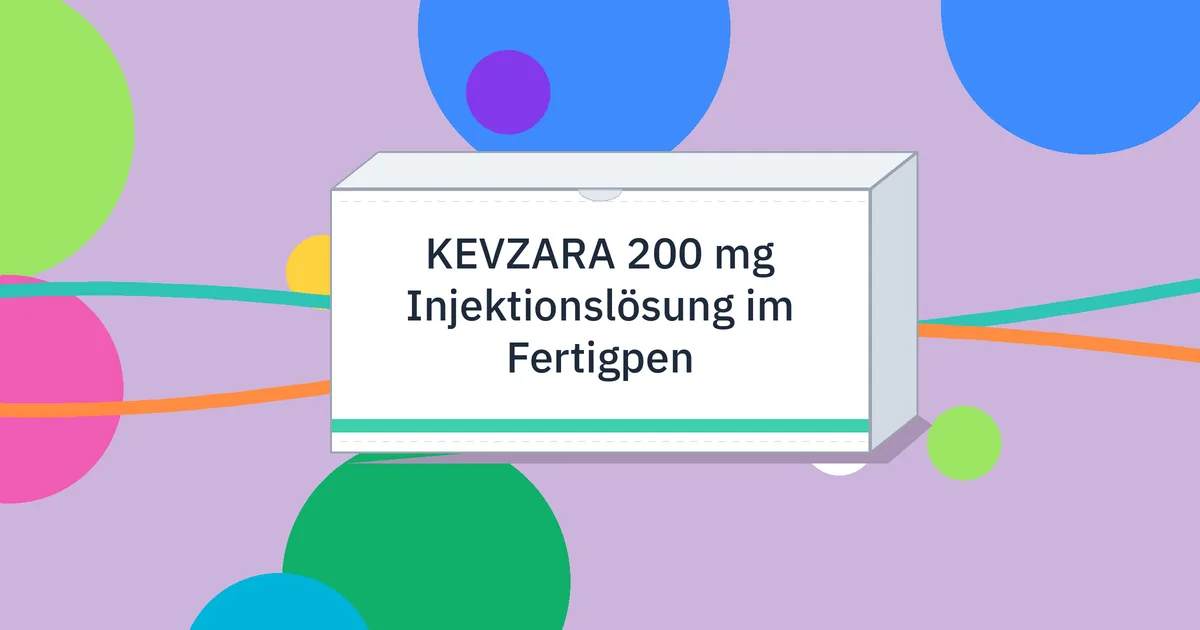 Symbolbild: Packung mit der Aufschrift KEVZARA 200 mg Injektionslösung im Fertigpen (PZN 18797252) – Verfügbarkeit und Bezug in Apotheken in Frankfurt am Main