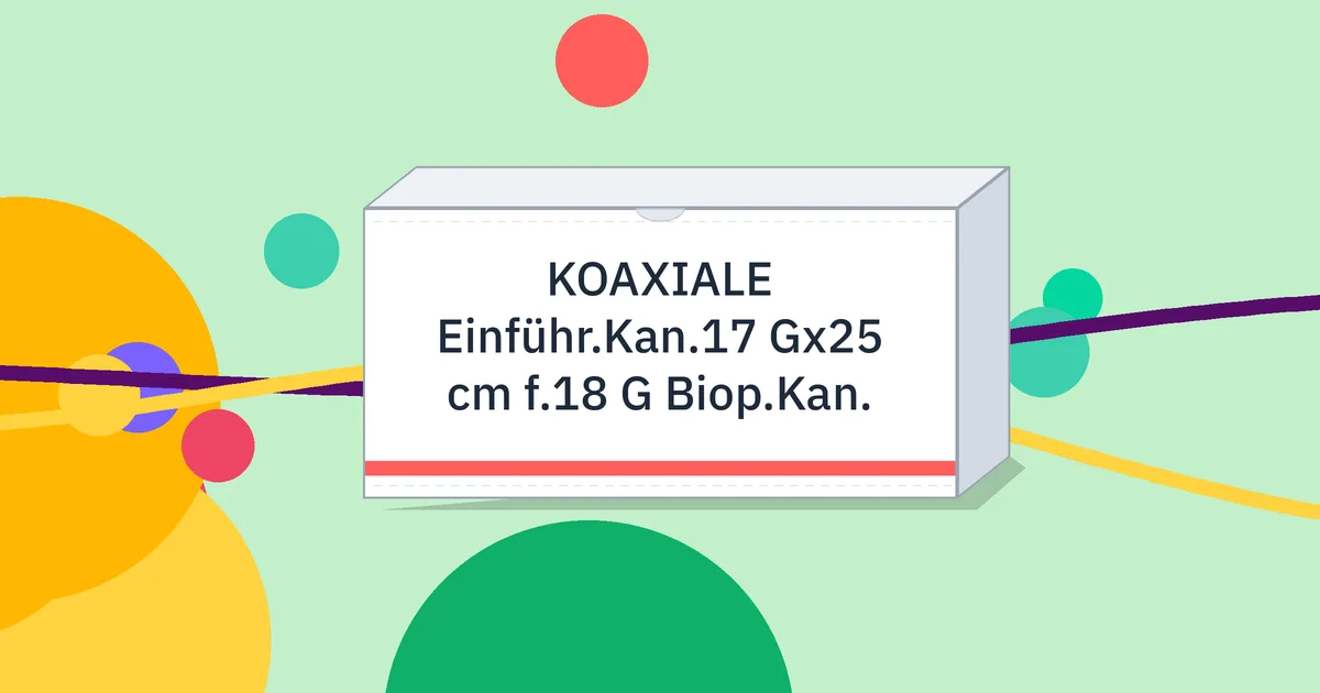 Symbolbild: Packung mit der Aufschrift KOAXIALE Einführ.Kan.17 Gx25 cm f.18 G Biop.Kan. (PZN 06903795) – Verfügbarkeit und Bezug in Apotheken in Frankfurt am Main