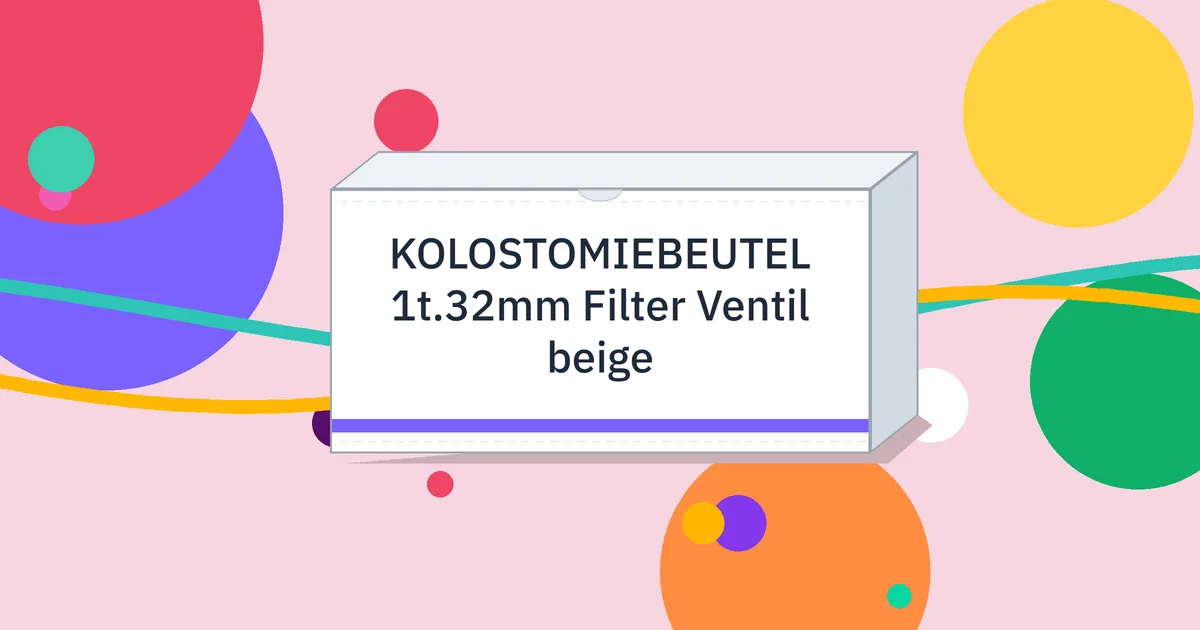 Symbolbild: Packung mit der Aufschrift KOLOSTOMIEBEUTEL 1t.32mm Filter Ventil beige (PZN 10045943) – Verfügbarkeit und Bezug in Apotheken in Frankfurt am Main