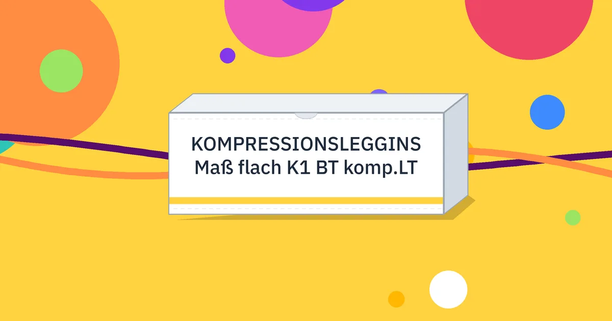 Symbolbild: Packung mit der Aufschrift KOMPRESSIONSLEGGINS Maß flach K1 BT komp.LT (PZN 19997941) – Verfügbarkeit und Bezug in Apotheken in Frankfurt am Main