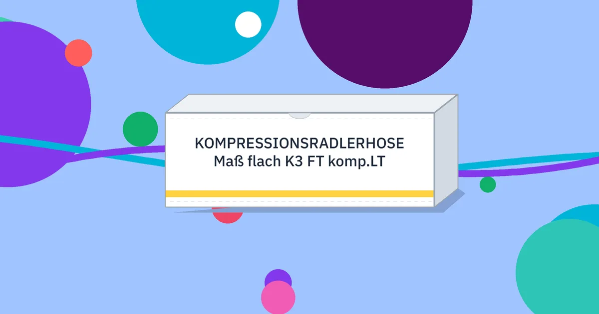 Symbolbild: Packung mit der Aufschrift KOMPRESSIONSRADLERHOSE Maß flach K3 FT komp.LT (PZN 19998113) – Verfügbarkeit und Bezug in Apotheken in Frankfurt am Main