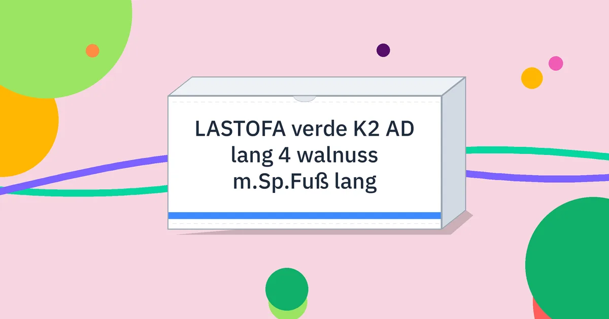 Symbolbild: Packung mit der Aufschrift LASTOFA verde K2 AD lang 4 walnuss m.Sp.Fuß lang (PZN 16721799) – Verfügbarkeit und Bezug in Apotheken in Frankfurt am Main