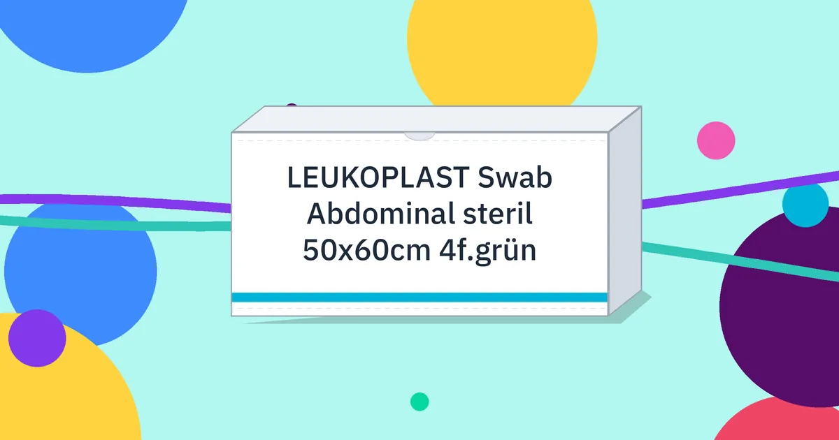Symbolbild: Packung mit der Aufschrift LEUKOPLAST Swab Abdominal steril 50x60cm 4f.grün (PZN 17208851) – Verfügbarkeit und Bezug in Apotheken in Frankfurt am Main