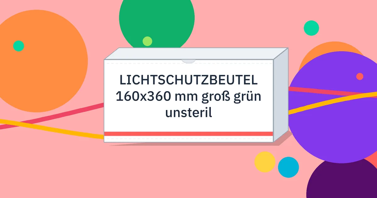 Symbolbild: Packung mit der Aufschrift LICHTSCHUTZBEUTEL 160x360 mm groß grün unsteril (PZN 19822176) – Verfügbarkeit und Bezug in Apotheken in Frankfurt am Main
