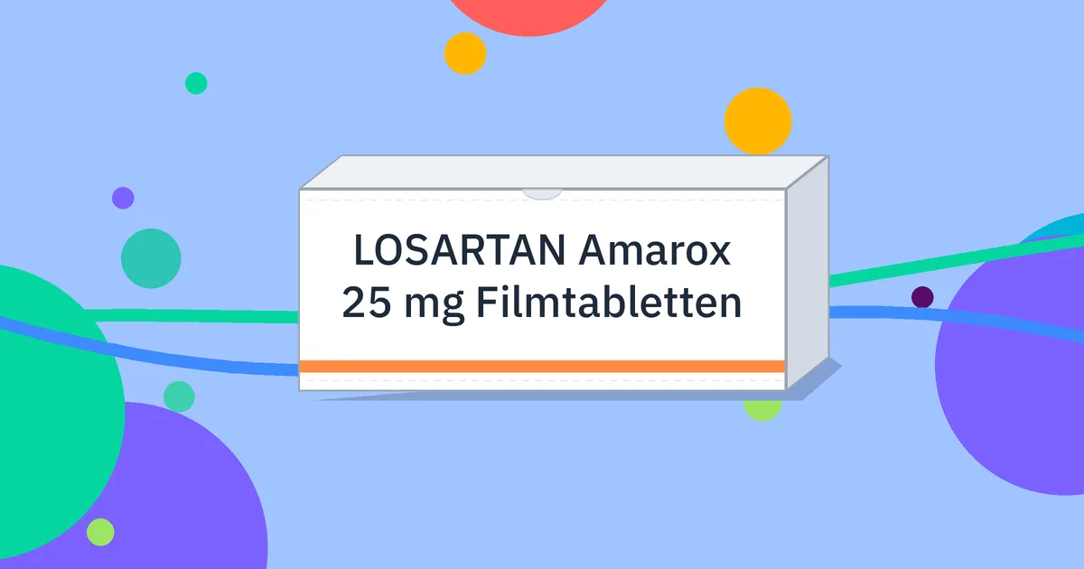 Symbolbild: Packung mit der Aufschrift LOSARTAN Amarox 25 mg Filmtabletten (PZN 18273402) – Verfügbarkeit und Bezug in Apotheken in Frankfurt am Main