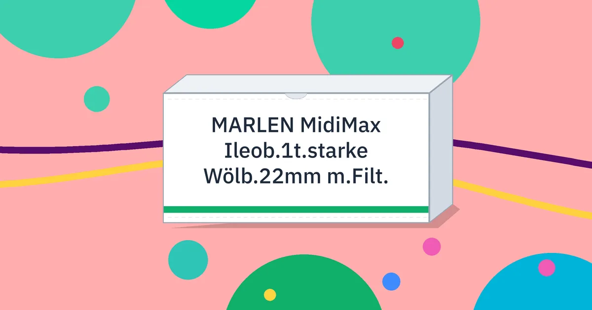 Symbolbild: Packung mit der Aufschrift MARLEN MidiMax Ileob.1t.starke Wölb.22mm m.Filt. (PZN 16658285) – Verfügbarkeit und Bezug in Apotheken in Frankfurt am Main