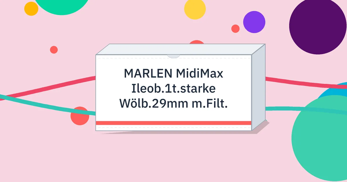 Symbolbild: Packung mit der Aufschrift MARLEN MidiMax Ileob.1t.starke Wölb.29mm m.Filt. (PZN 16658316) – Verfügbarkeit und Bezug in Apotheken in Frankfurt am Main