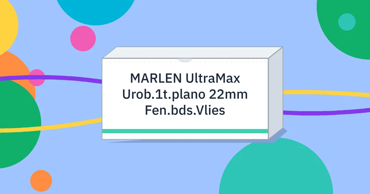 Symbolbild: Packung mit der Aufschrift MARLEN UltraMax Urob.1t.plano 22mm Fen.bds.Vlies (PZN 05354381) – Verfügbarkeit und Bezug in Apotheken in Frankfurt am Main