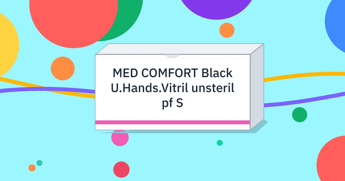 Symbolbild: Packung mit der Aufschrift MED COMFORT Black U.Hands.Vitril unsteril pf S (PZN 17173443) – Verfügbarkeit und Bezug in Apotheken in Frankfurt am Main