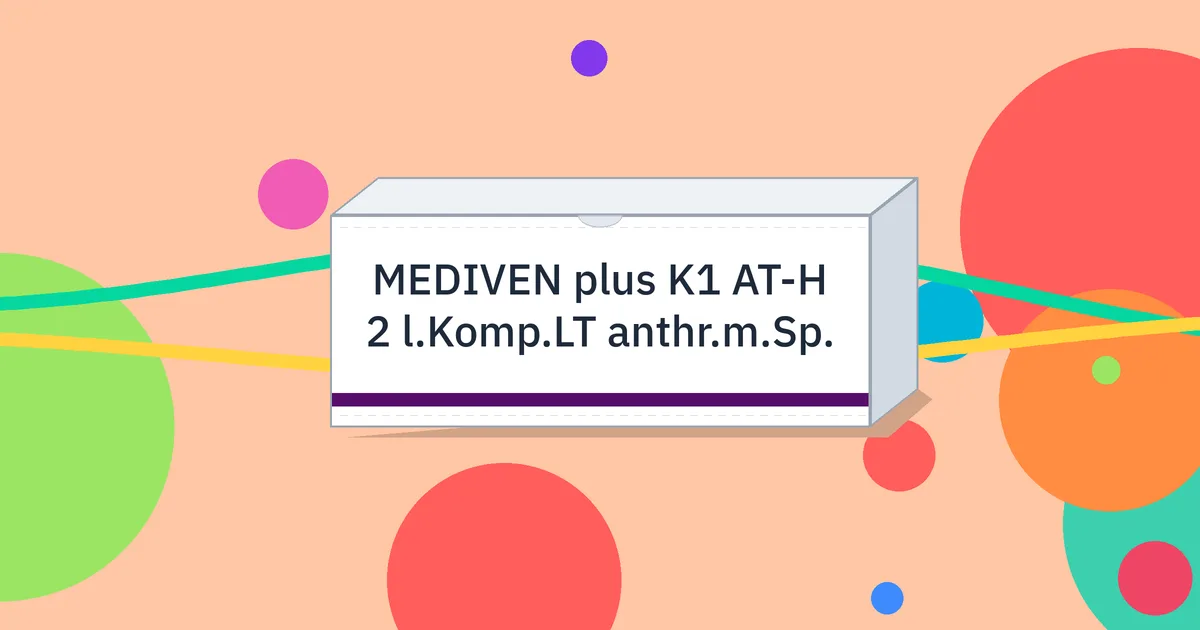 Symbolbild: Packung mit der Aufschrift MEDIVEN plus K1 AT-H 2 l.Komp.LT anthr.m.Sp. (PZN 15037629) – Verfügbarkeit und Bezug in Apotheken in Frankfurt am Main