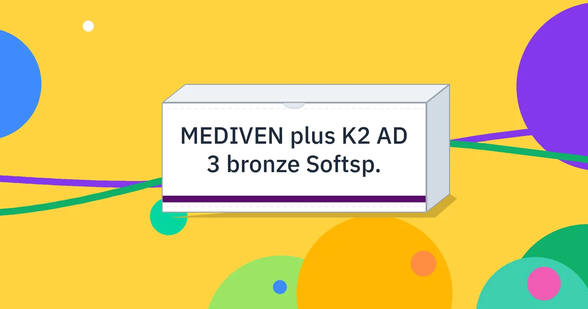 Symbolbild: Packung mit der Aufschrift MEDIVEN plus K2 AD 3 bronze Softsp. (PZN 15093645) – Verfügbarkeit und Bezug in Apotheken in Frankfurt am Main
