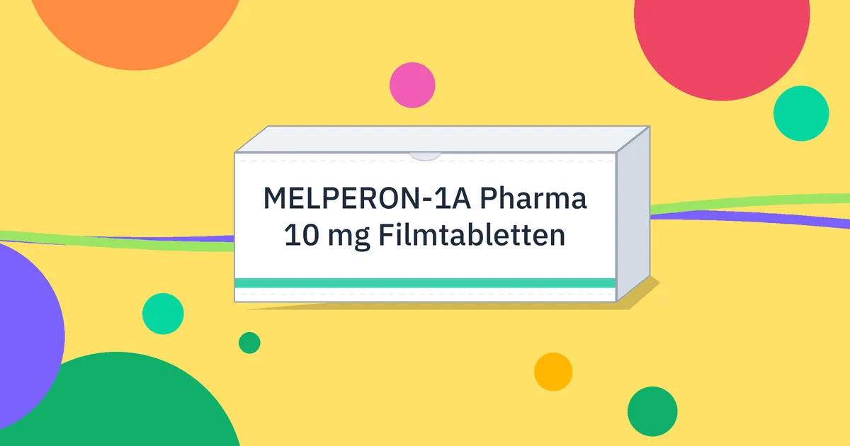 Symbolbild: Packung mit der Aufschrift MELPERON-1A Pharma 10 mg Filmtabletten (PZN 18330494) – Verfügbarkeit und Bezug in Apotheken in Frankfurt am Main