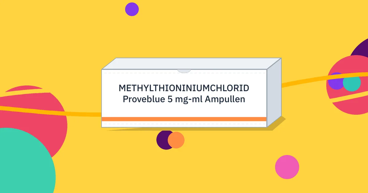 Symbolbild: Packung mit der Aufschrift METHYLTHIONINIUMCHLORID Proveblue 5 mg-ml Ampullen (PZN 10179678) – Verfügbarkeit und Bezug in Apotheken in Frankfurt am Main