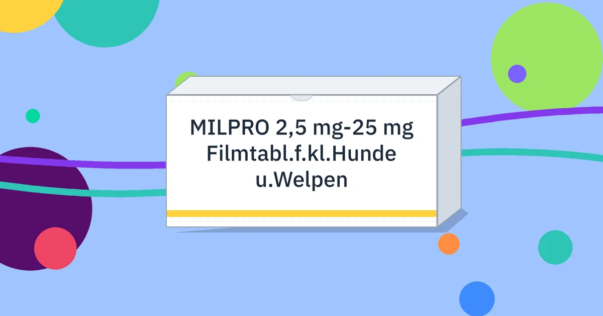 Symbolbild: Packung mit der Aufschrift MILPRO 2,5 mg-25 mg Filmtabl.f.kl.Hunde u.Welpen (PZN 11032210) – Verfügbarkeit und Bezug in Apotheken in Frankfurt am Main