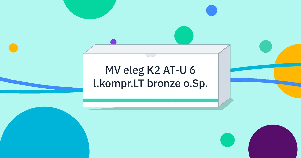 Symbolbild: Packung mit der Aufschrift MV eleg K2 AT-U 6 l.kompr.LT bronze o.Sp. (PZN 15289437) – Verfügbarkeit und Bezug in Apotheken in Frankfurt am Main