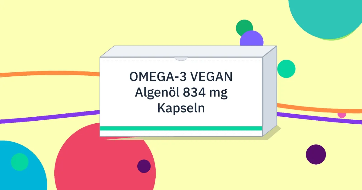 Symbolbild: Packung mit der Aufschrift OMEGA-3 VEGAN Algenöl 834 mg Kapseln (PZN 15191112) – Verfügbarkeit und Bezug in Apotheken in Frankfurt am Main