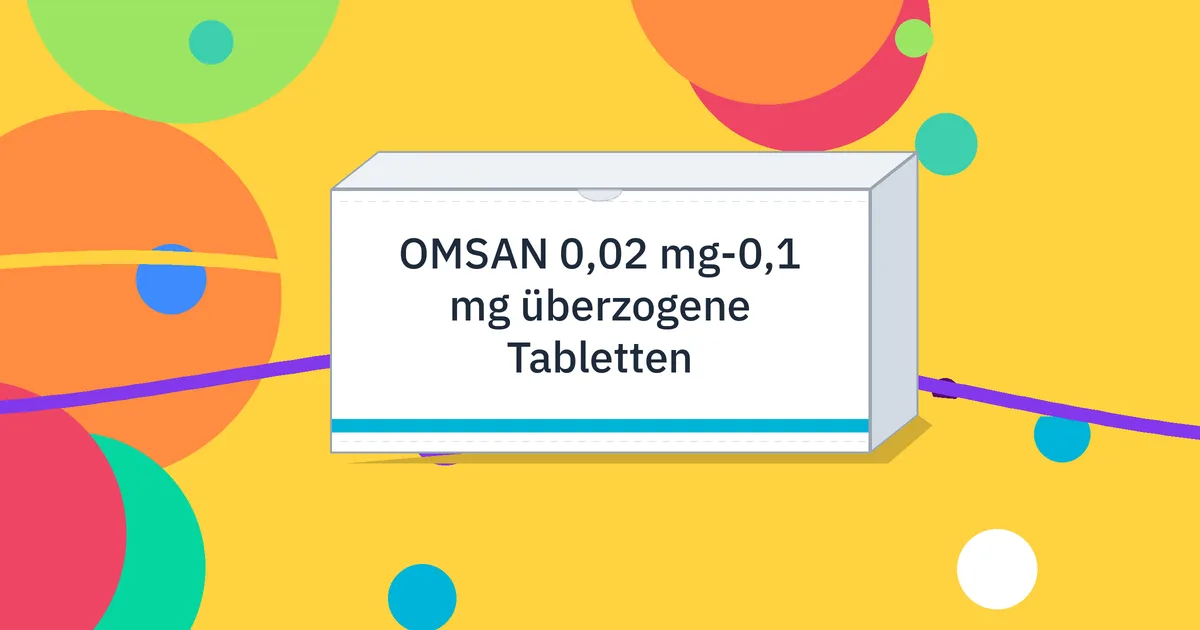 Symbolbild: Packung mit der Aufschrift OMSAN 0,02 mg-0,1 mg überzogene Tabletten (PZN 16569185) – Verfügbarkeit und Bezug in Apotheken in Frankfurt am Main