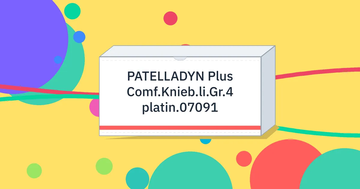 Symbolbild: Packung mit der Aufschrift PATELLADYN Plus Comf.Knieb.li.Gr.4 platin.07091 (PZN 18904541) – Verfügbarkeit und Bezug in Apotheken in Frankfurt am Main