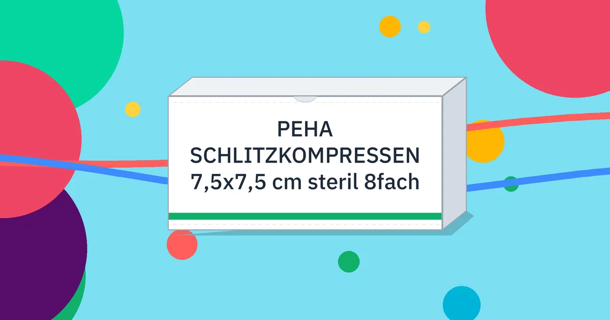 Symbolbild: Packung mit der Aufschrift PEHA SCHLITZKOMPRESSEN 7,5x7,5 cm steril 8fach (PZN 18445783) – Verfügbarkeit und Bezug in Apotheken in Frankfurt am Main