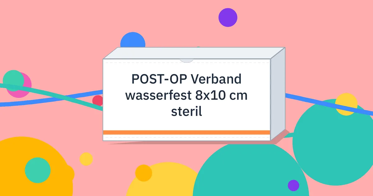 Symbolbild: Packung mit der Aufschrift POST-OP Verband wasserfest 8x10 cm steril (PZN 17562363) – Verfügbarkeit und Bezug in Apotheken in Frankfurt am Main